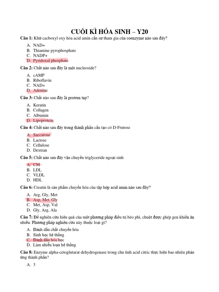 Cuối Kì Hóa Sinh - Y20 | PDF