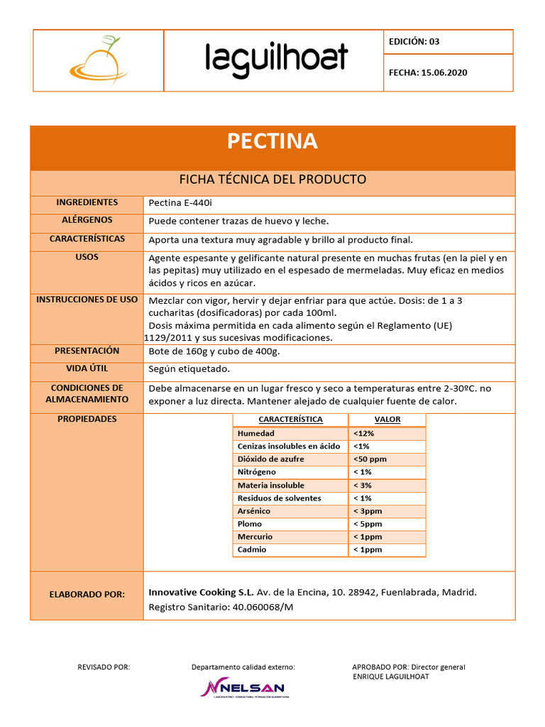 Ficha Técnica de Pectina E-440i | PDF | Alimentos