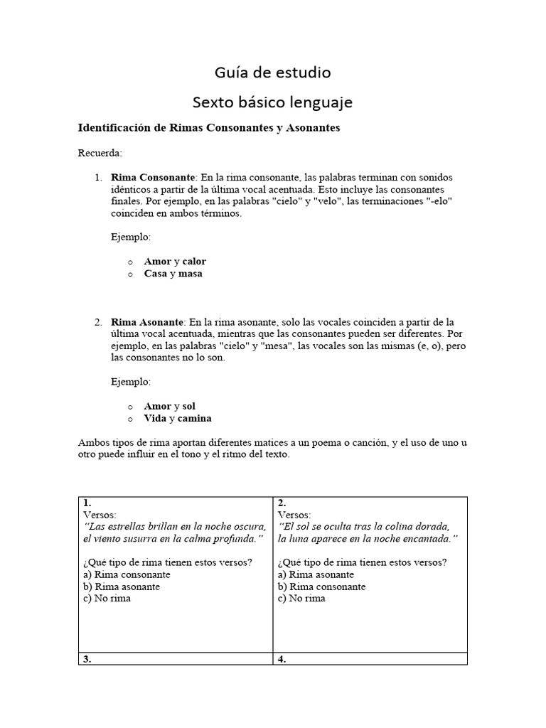Guía de Estudio Lenguaje Sexto | PDF | Rima