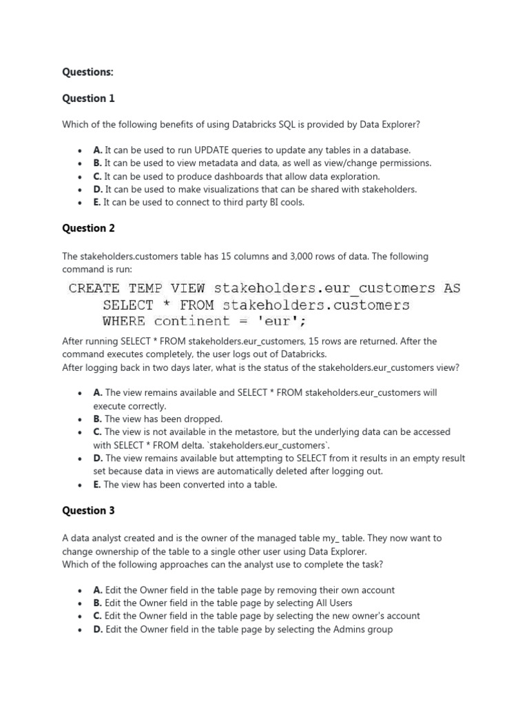 Databricks SQL Exam Questions and Answers | PDF | Computer Data | Data ...