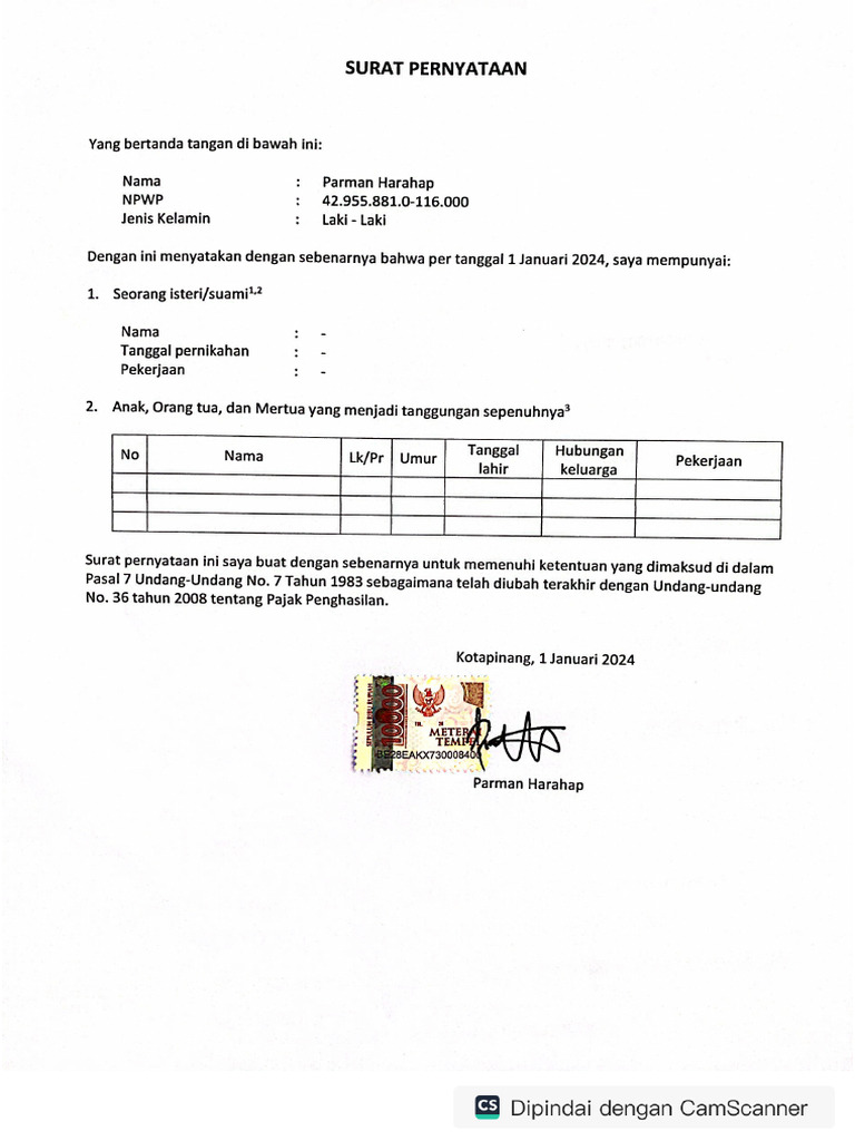 Surat Pernyataan Karyawan Pajak-Sumatera Utara-Parman Harahap | PDF