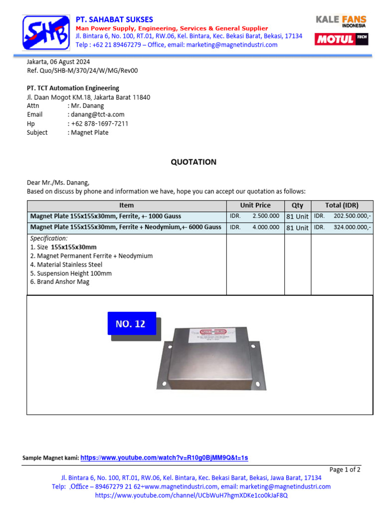 Quo-370-W-Magnet Plate 155x155x30mm - PT. TCT Automation Engineering ...