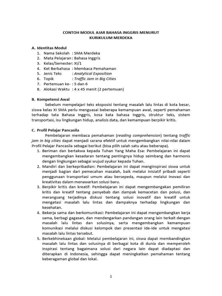 Contoh Modul Ajar Reading Comprehension | PDF