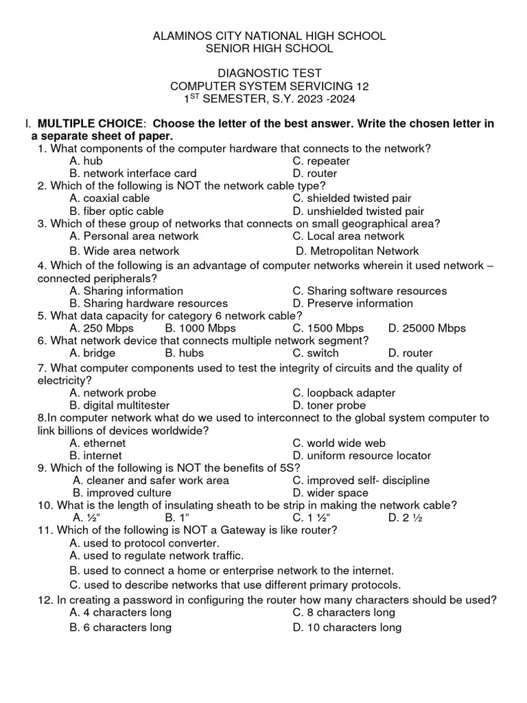 CSS 12 First Diagnostic 23 24 | PDF | Computer Network | Operating System