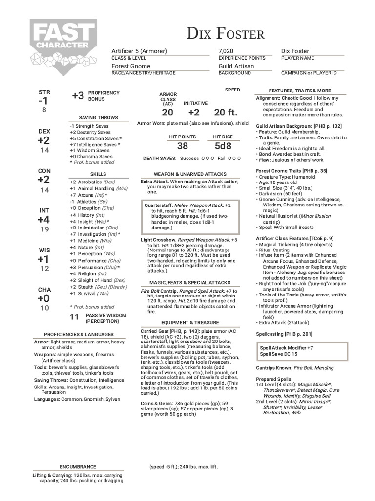 Fast Character _ D&D Character Maker _ Forest Gnome Artificer 5 ...