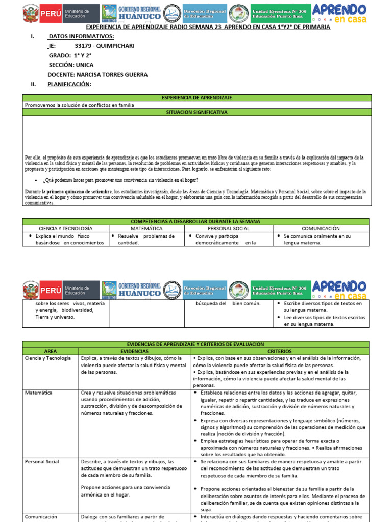 EXPERIENCIA DE APRENDIZAJE SEMANA 23 1°y 2° GRADO RADIO PRIMARIA UGEL PUERTO INCA | PDF ...