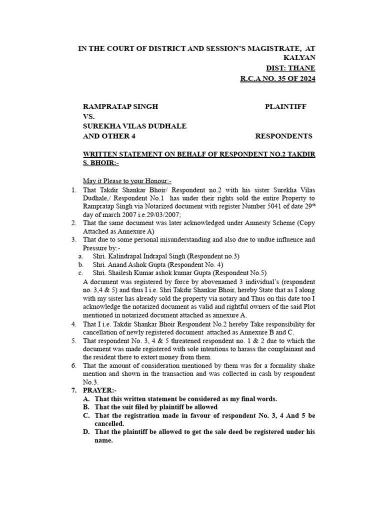 Written Statement in Property Dispute | PDF | Common Law | Civil Law ...