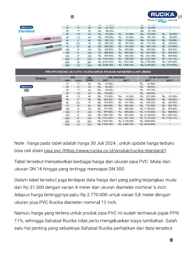 Price List Pipa PVC - Rucika - 2024 | PDF