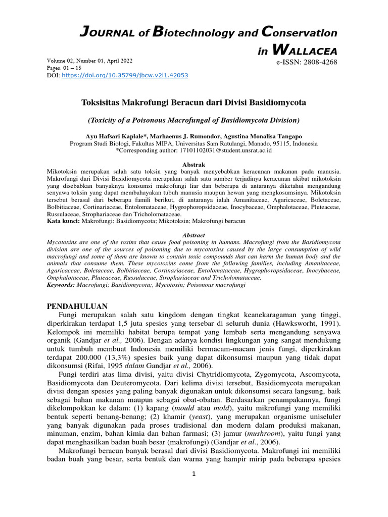2022 - Jurnal Ayu Kaplale - Toksisitas Makrofungi Beracun Dari Divisi Basidiomycota | PDF