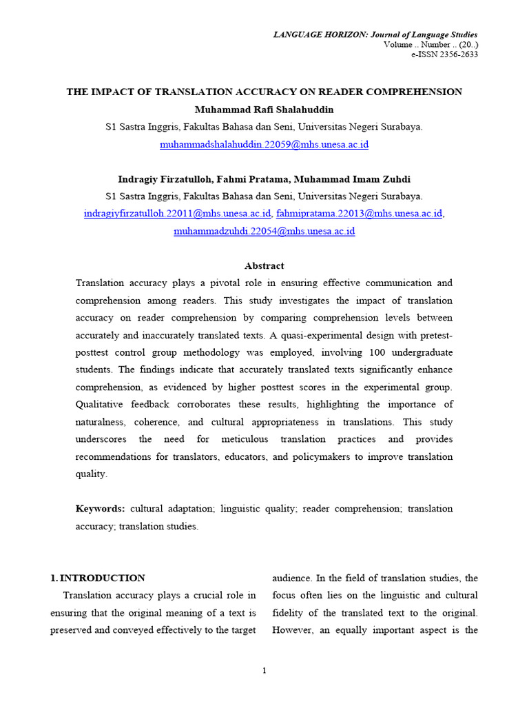 The Impact of Translation Accuracy On Reader Comprehension | PDF ...