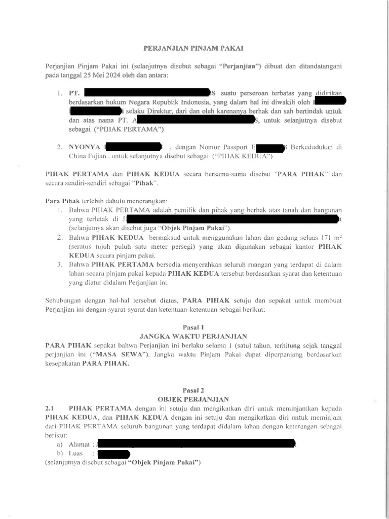 Surat Perjanjian Pinjam Pakai | PDF