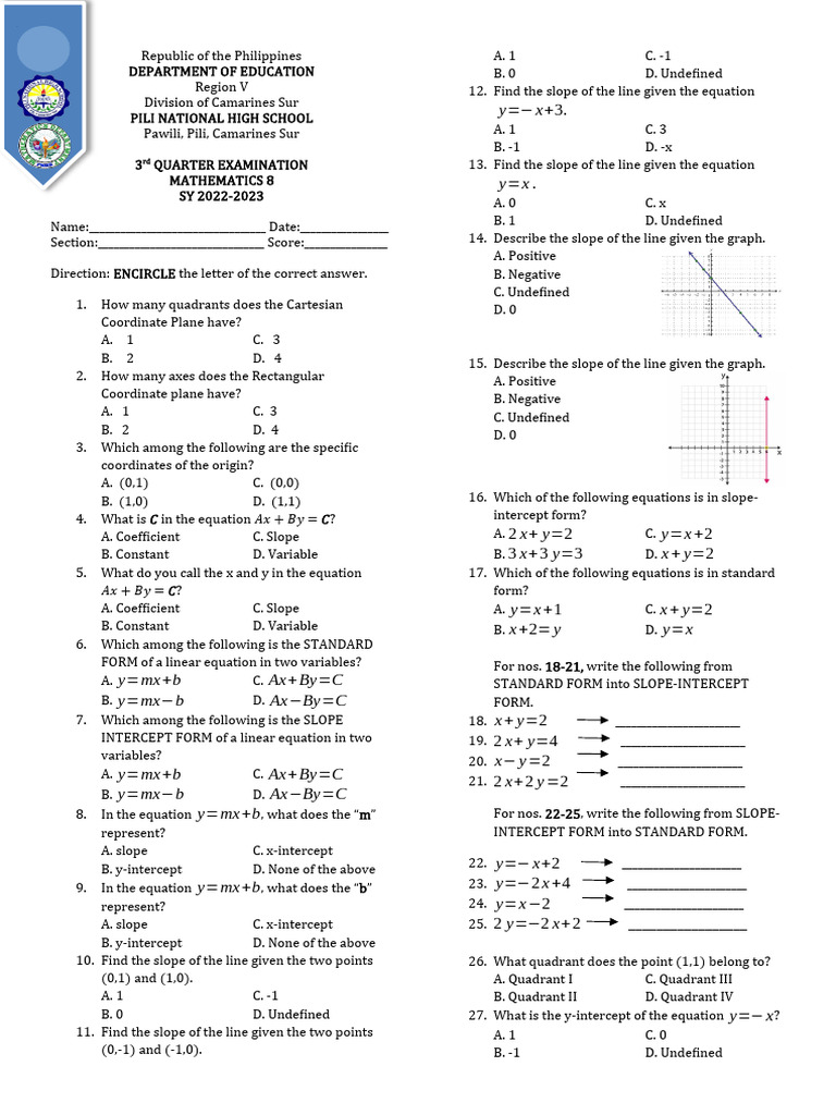 Math8 3rdQExam | PDF | Cartesian Coordinate System | Analytic Geometry
