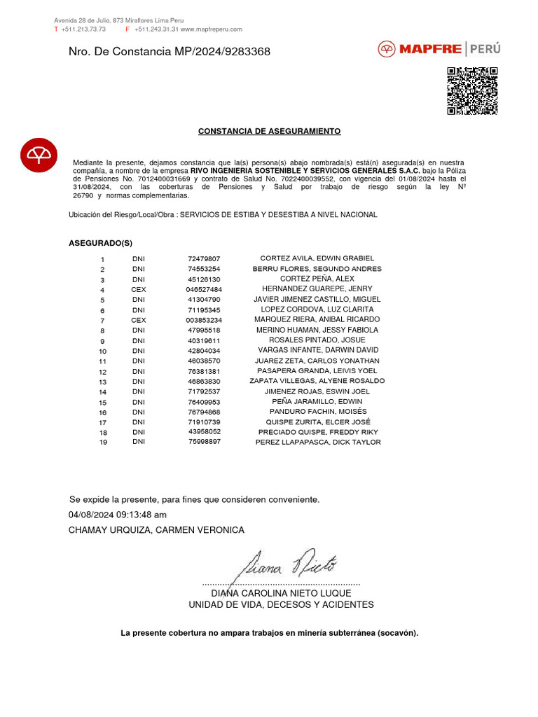Constancia de SCTR Mapfre - Rivo Ingenieria Agost 2024 G2-2 | PDF | Seguro