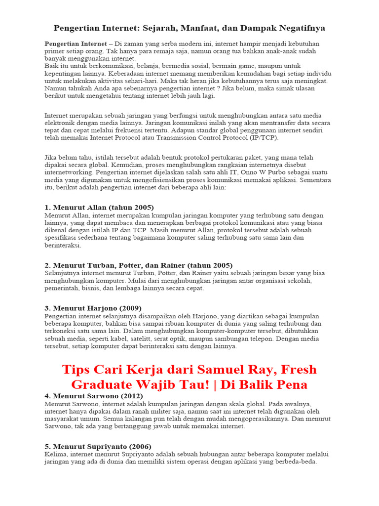 Pengertian, Sejarah, Manfaat Internet Dampaknya | PDF | Komputer