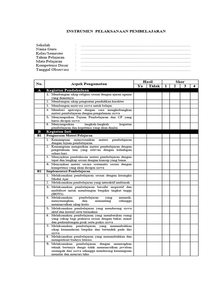 Instrumen Observasi Kelas Pelaksanaan Pembelajaran | PDF