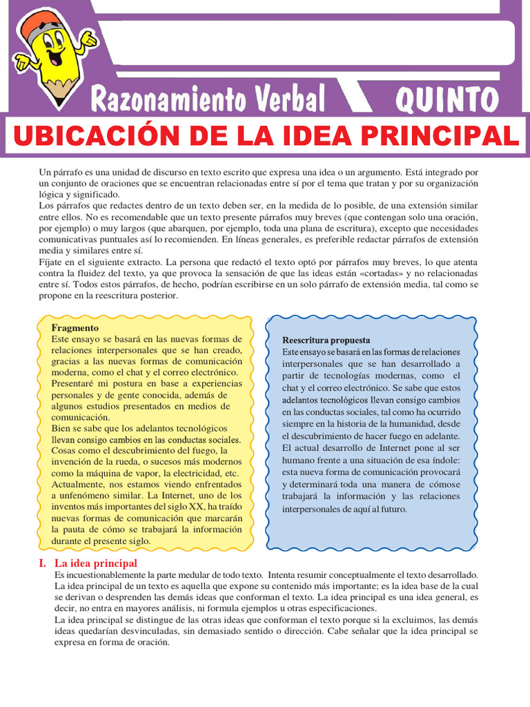 Ficha de Actividad de La Idea Principa RV 1ro | PDF | Tuberculosis | El ...