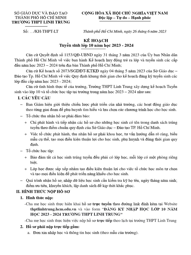 1 Ke Hoach Tuyen Sinh 10 Nam Hoc 2023 2024 - 87202312 | PDF