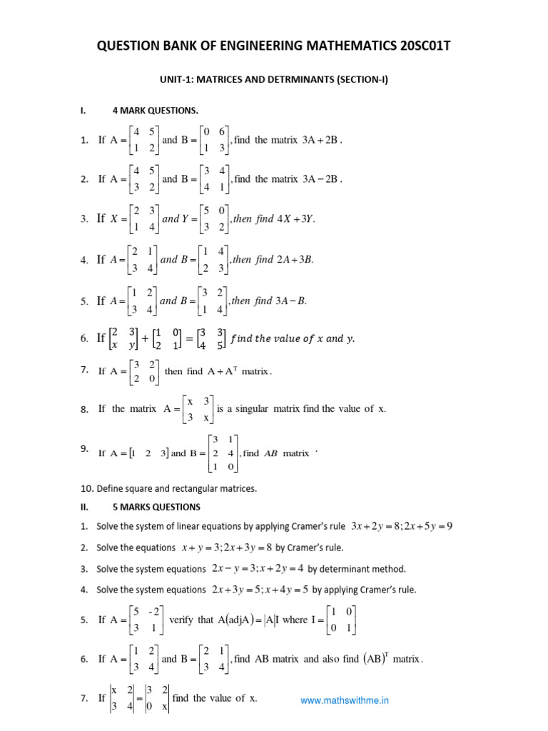 Engineering Mathematics Question Bank 20SC01T 1 | PDF | Matrix ...