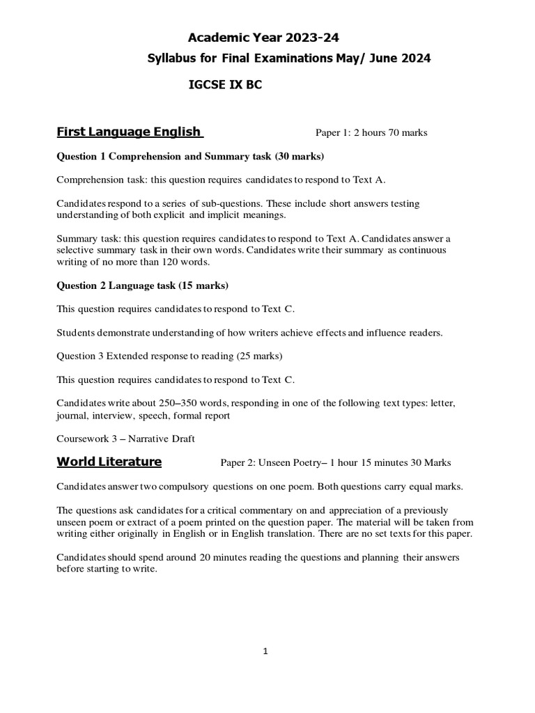Grade 9 BC - Syllabus For Final Examinations May June 2024 | PDF ...
