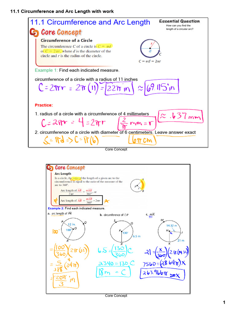 11.1 Circumference and Arc Length With Work | PDF | Curve | Circle