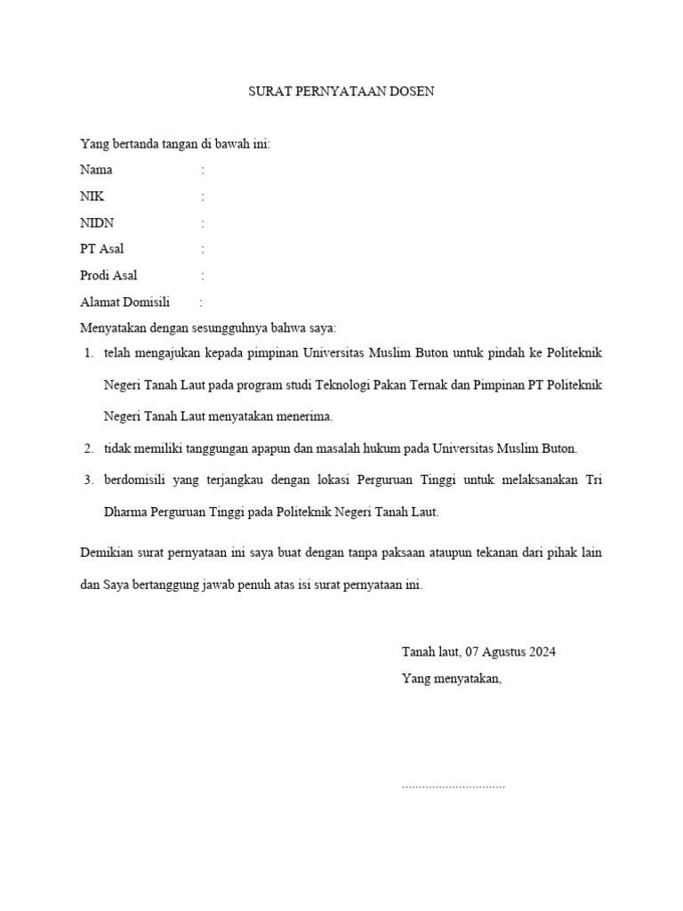 Surat Pernyataan Dosen Contoh | PDF