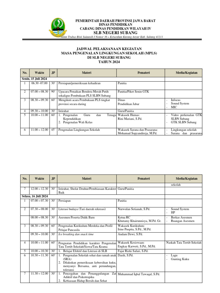 Revisi Jadwal Kegiatan MPLS SLBN Subang 2024 | PDF