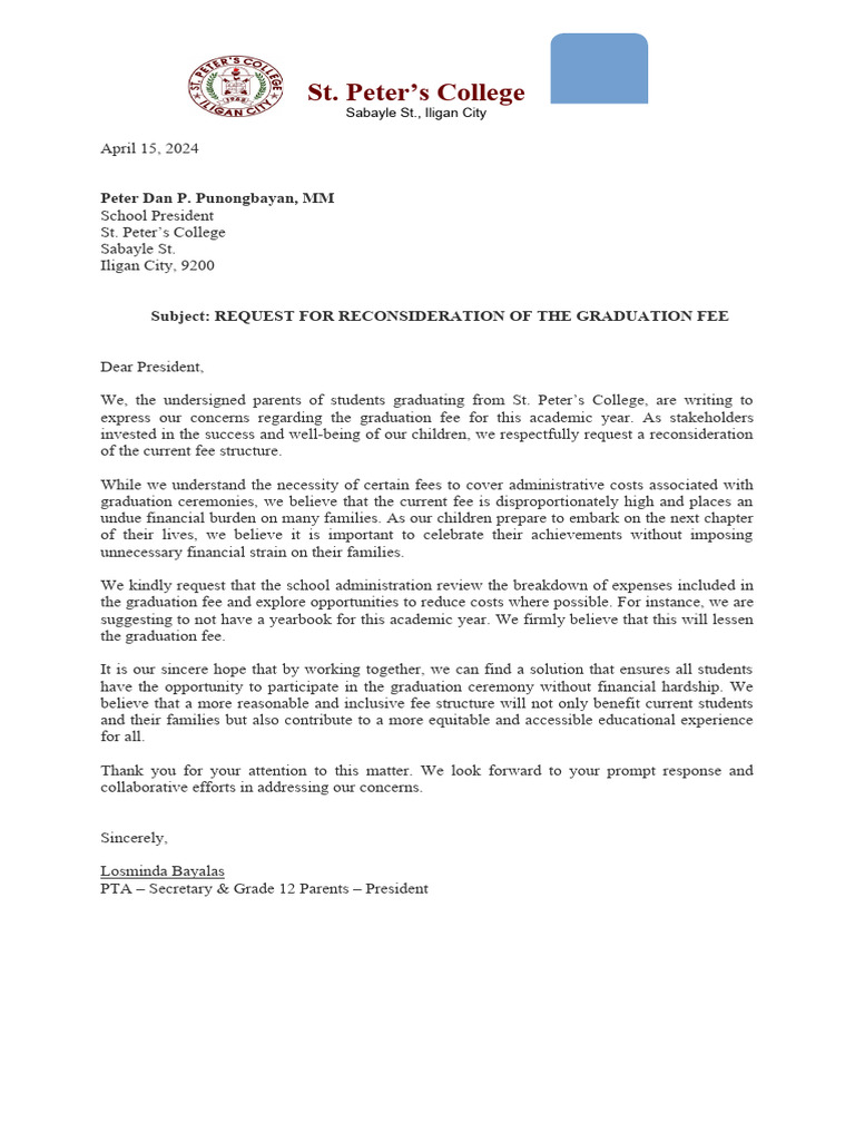 Graduation Fee Reconsideration Request | PDF | Business | Wellness
