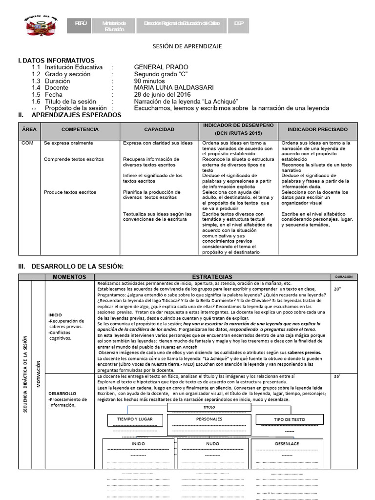 Sesión de Aprendizaje: I. Datos Informativos | PDF | Narración