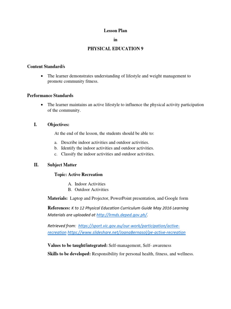 LESSON PLAN- | PDF | Outdoor Recreation | Behavior Modification