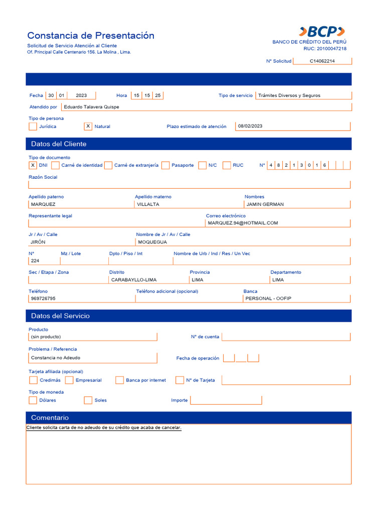 Constancia de No Adeudo BCP | PDF | Documento de identidad