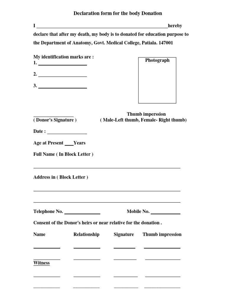 Body Donation Declaration Form | PDF | Medicine | Transplantation Medicine