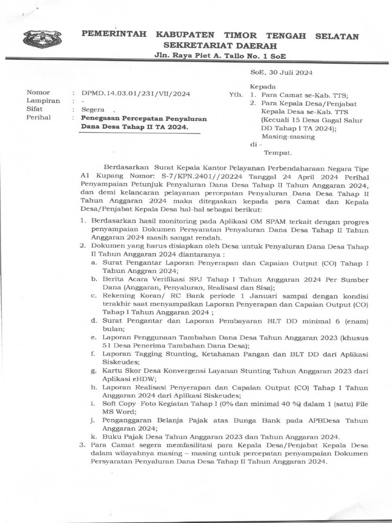 Surat Penegasan Percepatan Penyaluran DD Tahap 2 Tahun 2024 | PDF