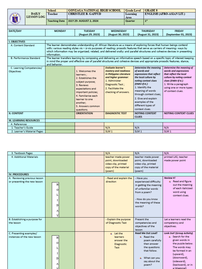 Grade 8 DLL Q1 (Aug 29 - Sept 01) | PDF | Learning | Teachers