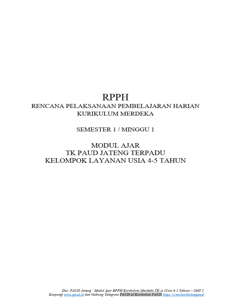 Modul Ajar RPPH TK A 4 5 Tahun Kurmer Smt1 Minggu 1 | PDF | Seni & Disiplin Bahasa | Kesehatan ...