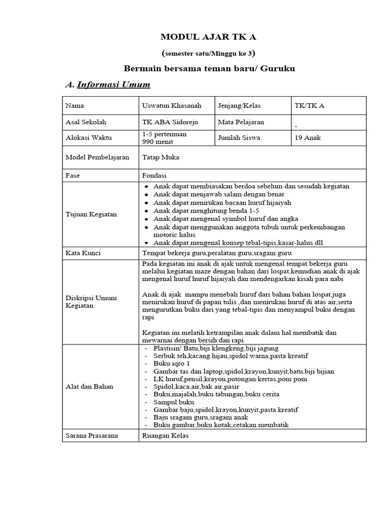 Modul Ajar TK A Minggu 3 | PDF
