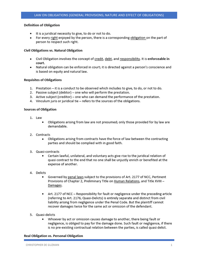 1.0 Notes - Law On Obligations - General Provisions, Nature and Effect ...