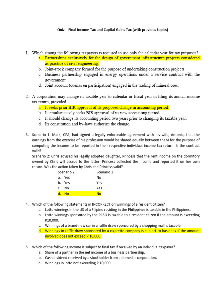 5.4 Seatwork - All Previous Topics With Focus On FWT and CGT - Answers | PDF | Taxes | Income Tax
