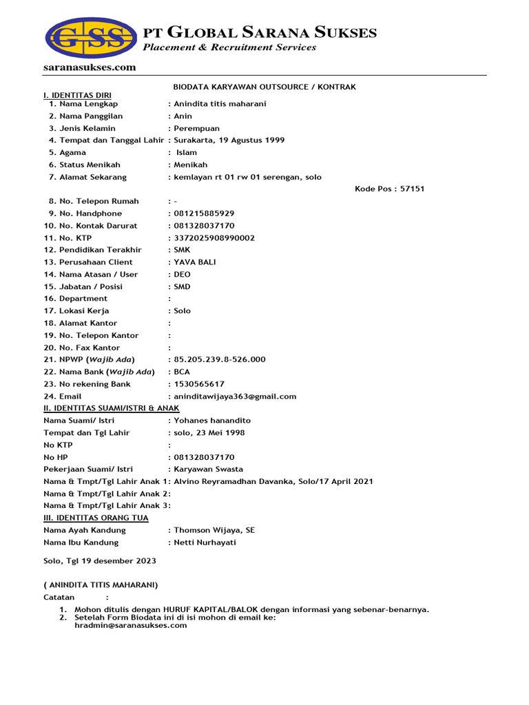 Form Os Biodata Karyawan Outsource Gss | PDF | Ilmu Sosial | Hukum