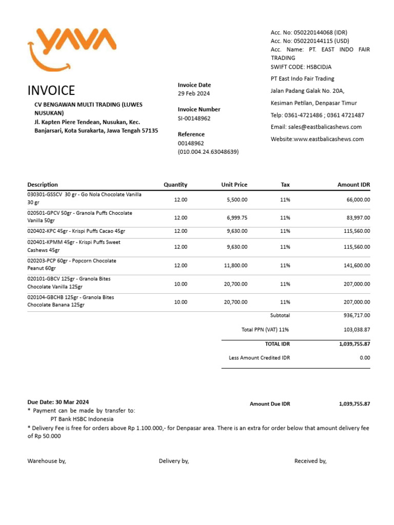 Invoice for East Indo Fair Trading | PDF | Payments