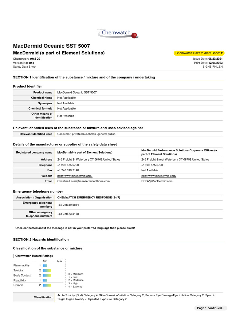 MacDermid Oceanic SST 5007 - Undefined - PHL - EN | PDF | Fires ...