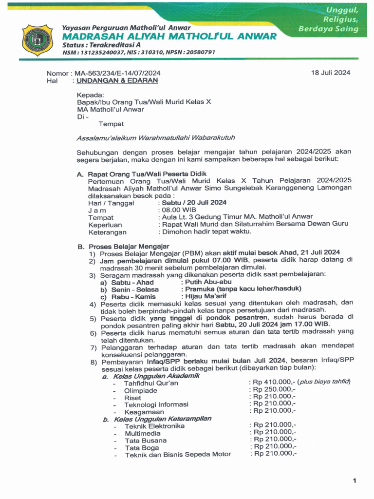 Undagan Pertemuan Wali Murid 24 - 25 | PDF