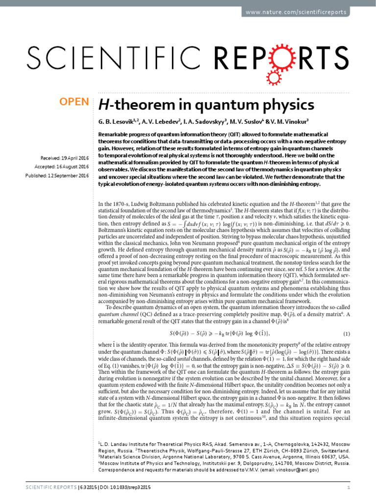 H-Theorem in Quantum Physics | PDF | Entropy | Quantum Mechanics
