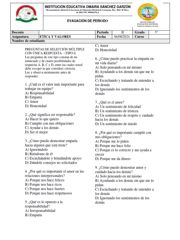 EXAMEN DE ETICA Y VALORES PTR | PDF | Amor | Empatía EXAMEN DE ETICA Y VALORES PTR | PDF | Amor | Empatía