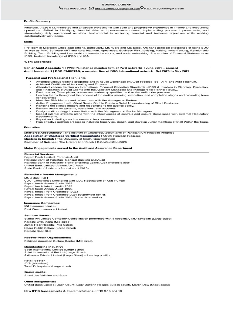 Bushra CV | PDF | Audit | Accounting