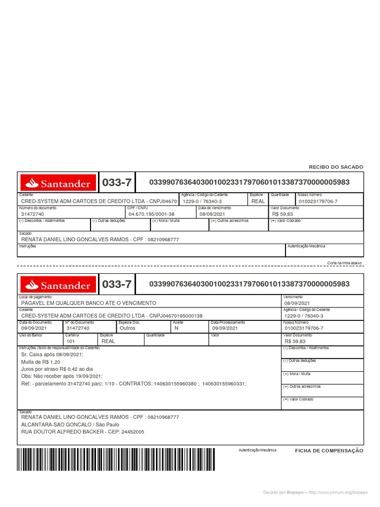 Recibo de Cobrança - Sacado 24452005 | PDF | Tecnologia financeira ...