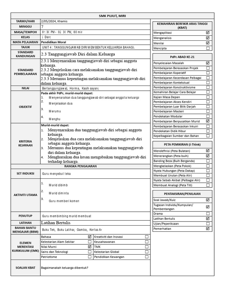 Template RPH Pendidikan Moral Tingkatan 2 2024-2025 | PDF