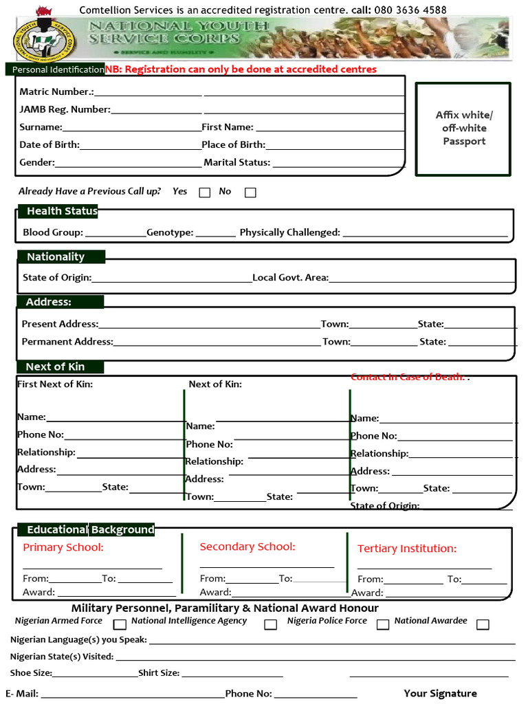 NYSC Official Online Registration Form - Single | PDF