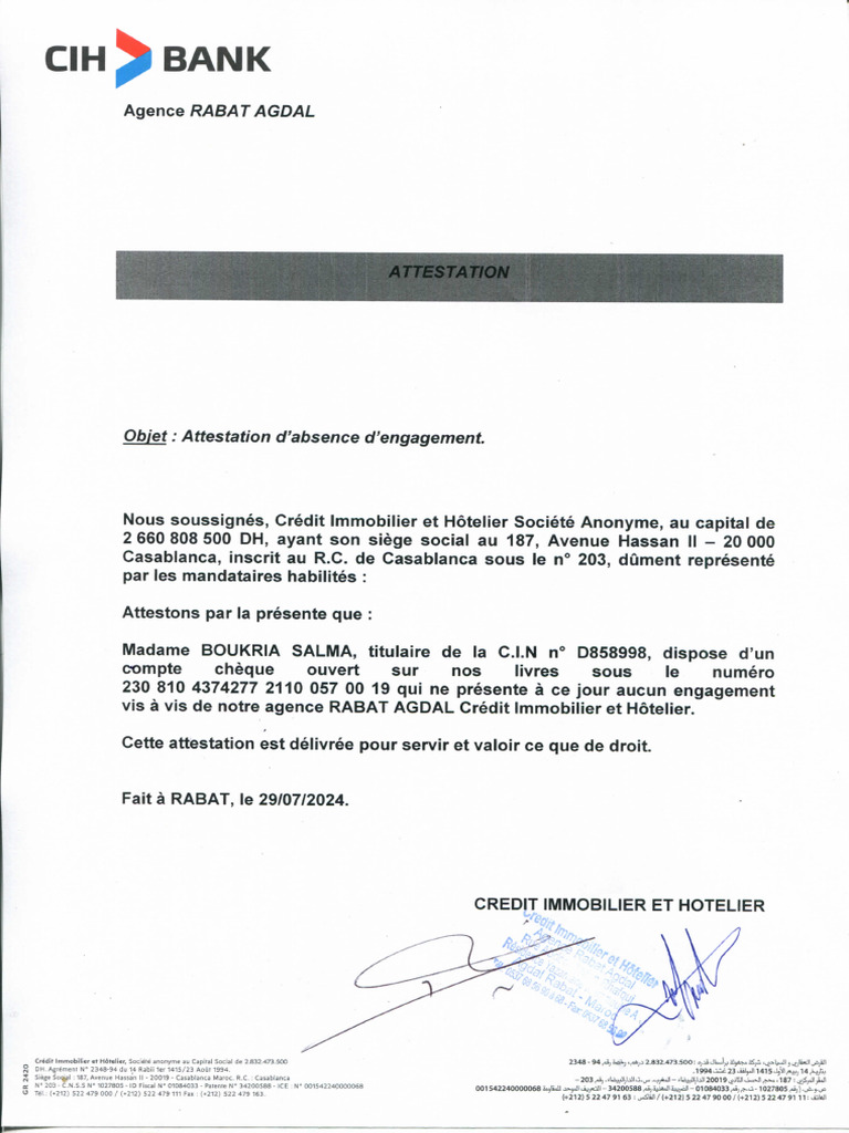 Attestation Non Engagement | PDF