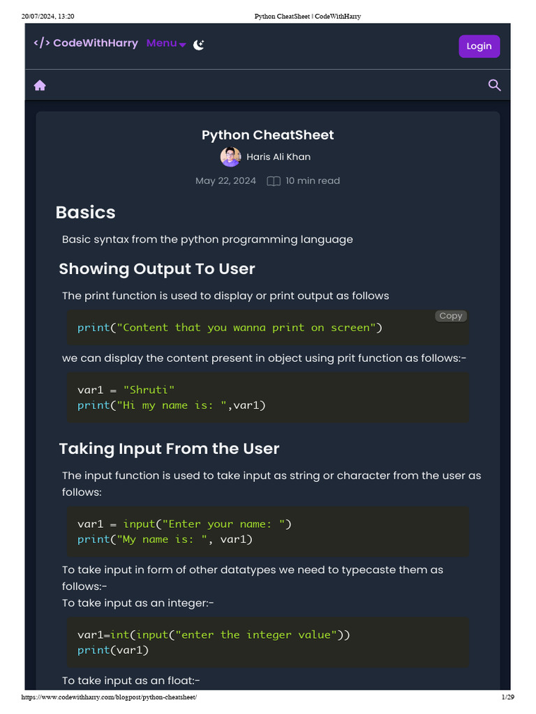 Python CheatSheet - CodeWithHarry | PDF | Class (Computer Programming ... Python CheatSheet - CodeWithHarry | PDF | Class (Computer Programming ...