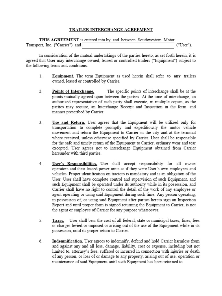 Trailer Interchange Agreement | PDF | Indemnity | Liability Insurance